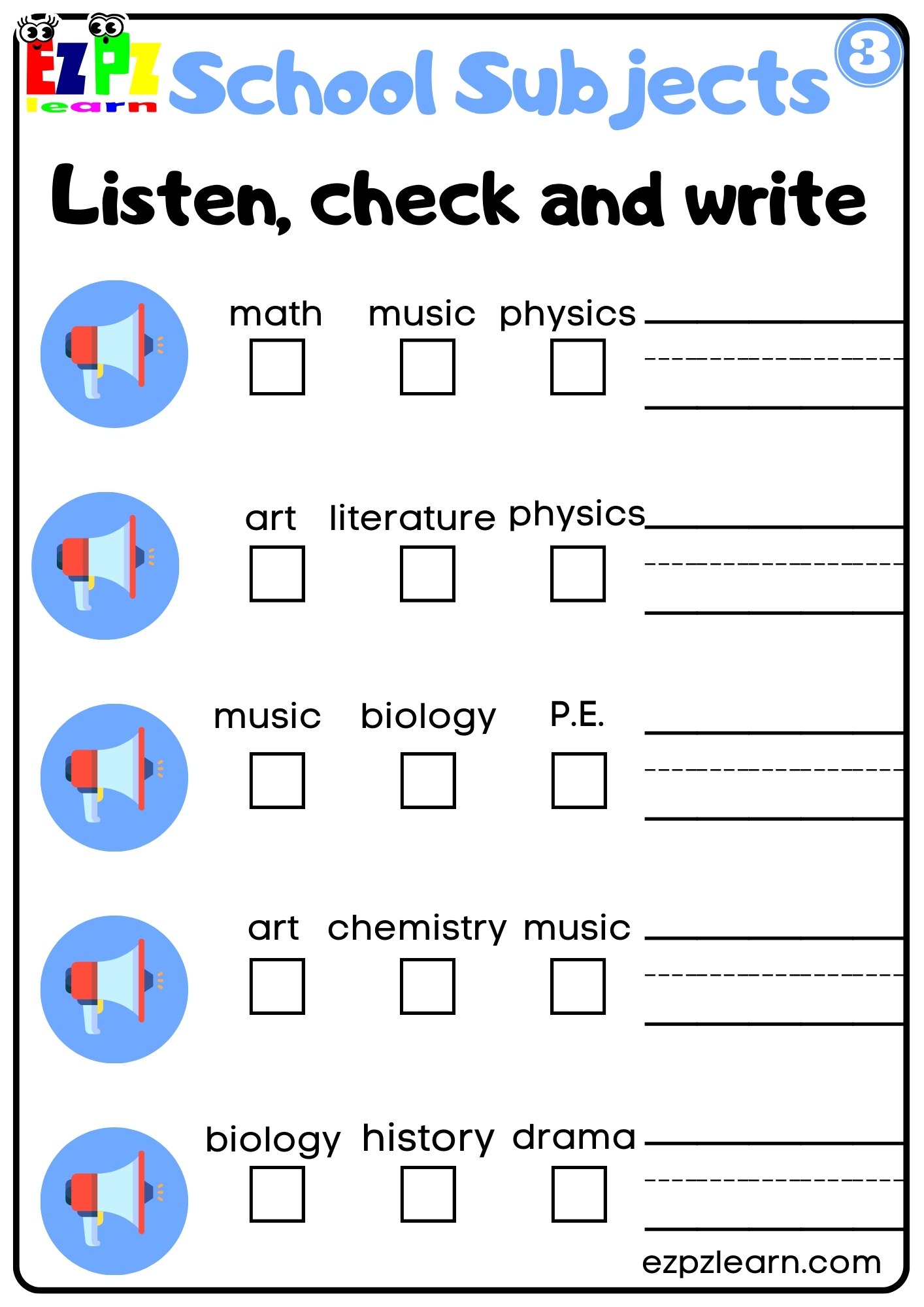 School Subjects Interactive Worksheet Listen, Check and Write the Correct Words Activity for K5 ...